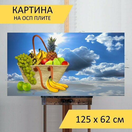 Картина на ОСП 125х62 см. "Еда, фрукты, корзина фруктов" горизонтальная, для интерьера, с креплениями