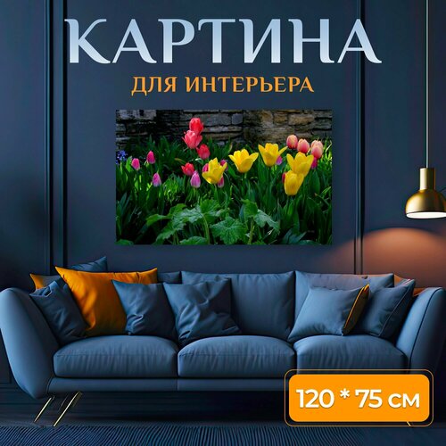 Картина на холсте "Тюльпаны, цветок, тюльпан море" на подрамнике 120х75 см. для интерьера