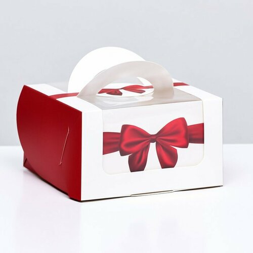 UPAK LAND Коробка под бенто-торт с окном "Красный бант", 14 х 14 х 8 см