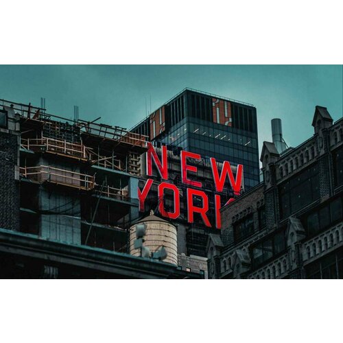 Картина на холсте 60x110 LinxOne "Нью-Йорк, вывеска, здание" интерьерная для дома / на стену / на кухню / с подрамником