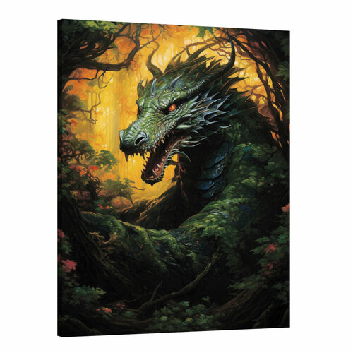 Интерьерная картина 50х70 "Дракон из зеленого дерева в тайной пещере"