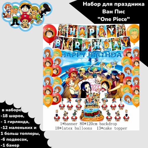 Набор для праздника Ван Пис "One Piece" (12 топ. мал,18 шар,1 бол. топ,6 кар. растяж,1 банер,1 гир