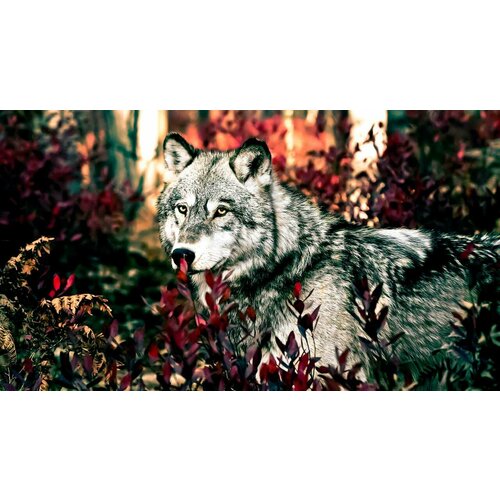 Картина на холсте 60x110 LinxOne "Волк в кустах" интерьерная для дома / на стену / на кухню / с подрамником