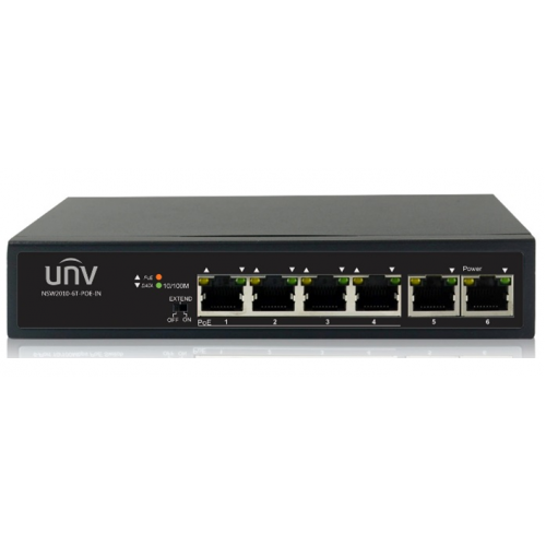 Uniview Коммутатор 6*100Mbps network ports (RJ45), including 4 PoE ports IEEE802.3, IEEE802.3u, IEEE802.3az, IEEE802.3x, IEEE802.3af, IEEE802.3at 1.2Gbps 0.90Mpps 768Kbit 2K 160mm x 93mm x 32mm (6.3"3.7"1. (NSW2010-6T-POE-IN)
