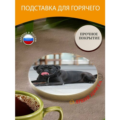 Подставка под горячее "Черный мопс, мопс, собака" 10 см. из блого мрамора