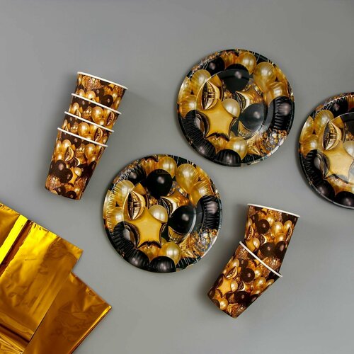 Набор бумажной посуды "Чёрное золото! Шары": 6 тарелок, 6 стаканов, скатерть