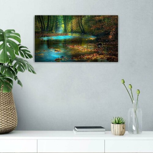 Картина на холсте 60x110 LinxOne "Осень река лес" интерьерная для дома / на стену / на кухню / с подрамником