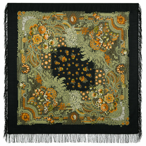 Платок Павловопосадская платочная мануфактура,146х146 см, зеленый, оранжевый