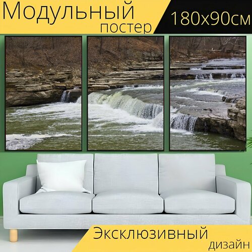 Модульный постер "Водопады, зима, зимний водопад" 180 x 90 см. для интерьера
