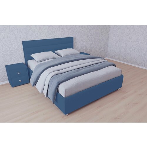 Односпальная кровать Милан 90x200 основание металлическое с ламелями велюр синий ножки 5 см