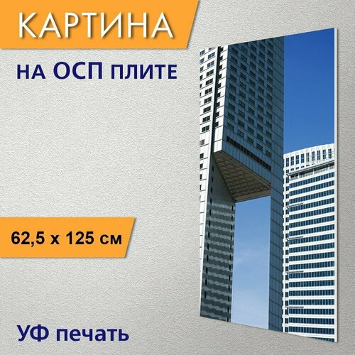 Вертикальная картина на ОСП "Здание, бизнесцентр, город" 62x125 см. для интерьериа