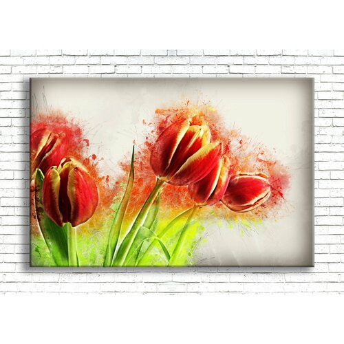 Интерьерная картина на холсте "Красные тюльпаны на сером фоне " 40х60 см