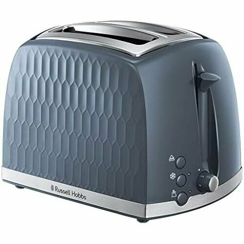 Russell Hobbs 26063 Тостер с сотами и 2 ломтиками (очень широкие отделения, функция высокого подъема, 6 уровней поджаривания, функция замораживания/отмены/разогрева, съемный поддон для крошек, 850 Вт, серый