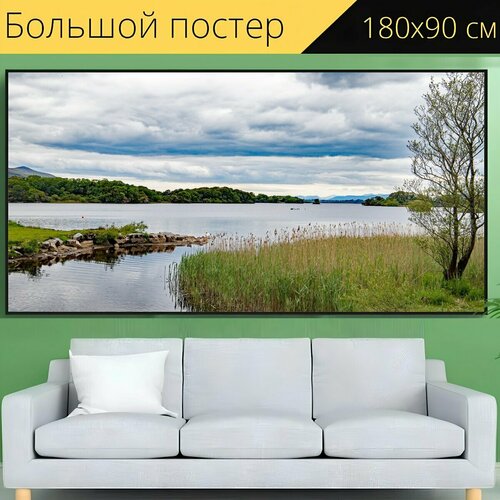 Большой постер "Озеро, тростник, банк" 180 x 90 см. для интерьера