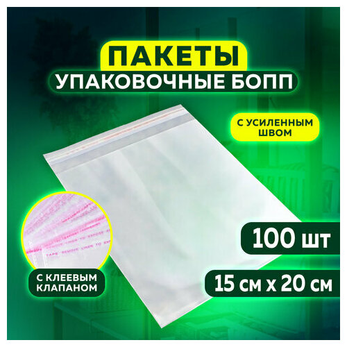Пакет бопп с клеевым клапаном, комплект 100 шт, 15х20+4 см, 25 мкм, с усиленным швом