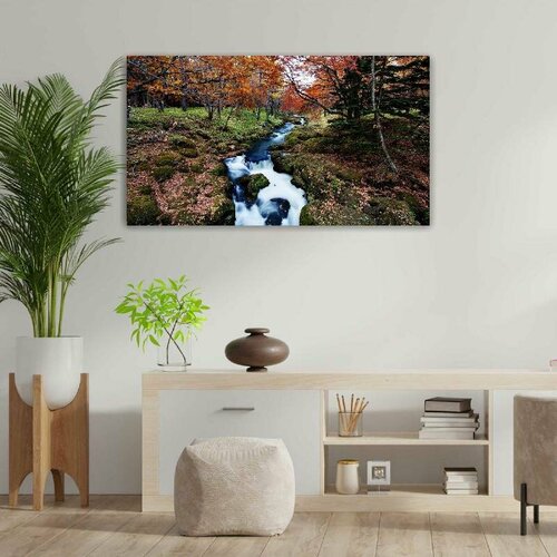 Картина на холсте 60x110 LinxOne "Ручей река лес осень" интерьерная для дома / на стену / на кухню / с подрамником