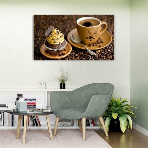 Картина на холсте 60x110 LinxOne "Чашка блюдце кофе ложка" интерьерная для дома / на стену / на кухню / с подрамником