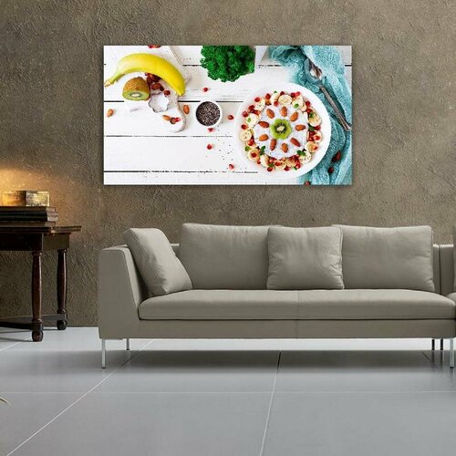 Картина на холсте 60x110 LinxOne "Десерт с бананами гранатом" интерьерная для дома / на стену / на кухню / с подрамником