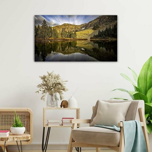 Картина на холсте 60x110 LinxOne "Горы отражение озеро природа" интерьерная для дома / на стену / на кухню / с подрамником