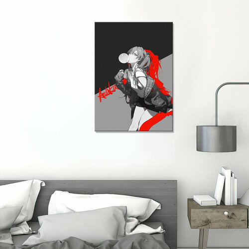Интерьерная картина на холсте - Евангелион Аска чёрно-белый с красным арт 50х70