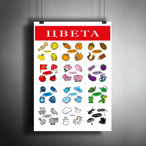 Постер плакат для интерьера "Обучающая таблица: Цвета в картинках" / A3 (297 x 420 мм)