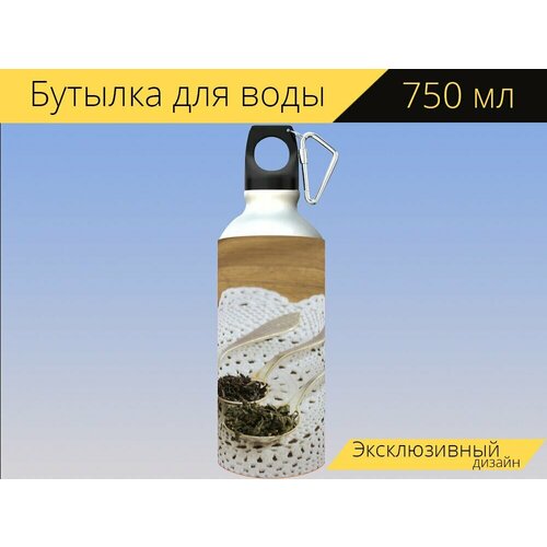 Бутылка фляга для воды "Чай, черный чай, листовой" 750 мл. с карабином и принтом