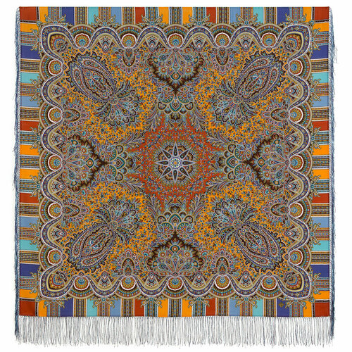 Платок Павловопосадская платочная мануфактура,125х125 см, коричневый, голубой