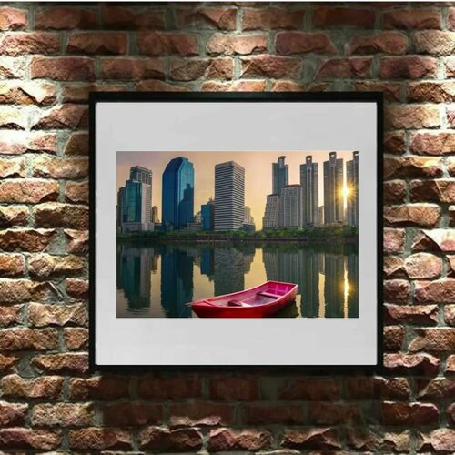 Постер "Красная лодка, река, утро, город" Cool Eshe из коллекции "Города", плакат А3