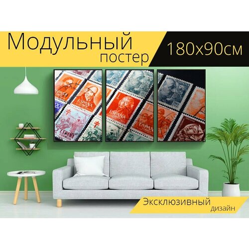 Модульный постер "Марки, почтовые марки, коллекционные марки" 180 x 90 см. для интерьера