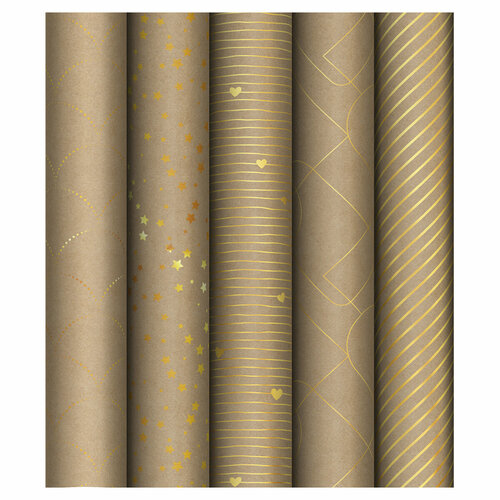 Упаковочная бумага крафт 70*100см, MESHU "Golden Pattern", 80г/м2, отд. фольгой, ассорти 5 дизайнов