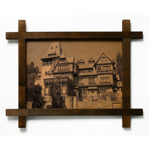 Картина Замок Пелишор, гравировка на натуральной коже, в деревянной раме, подарок, BoomGift