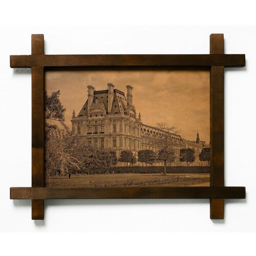 Картина Дворец Лувр, Франция, гравировка на натуральной коже, интерьерная для украшения и декора на стену в деревянной раме, подарок, BoomGift