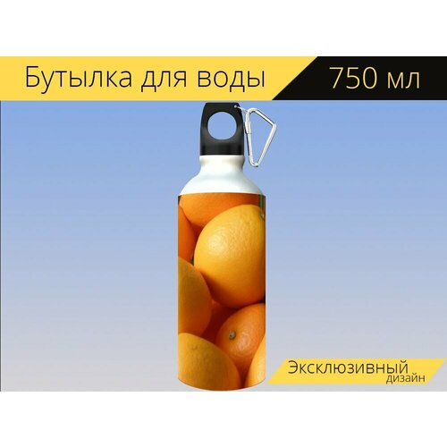 Бутылка фляга для воды "Апельсины, ваза с фруктами, оранжевый" 750 мл. с карабином и принтом