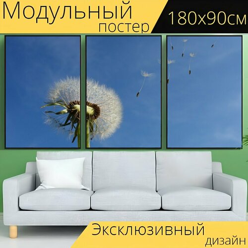 Модульный постер "Одуванчик, небеса, цветок" 180 x 90 см. для интерьера