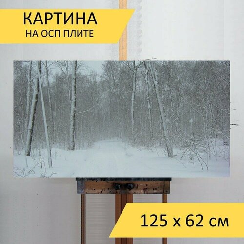 Картина на ОСП 125х62 см. "Снег, метель, зима" горизонтальная, для интерьера, с креплениями