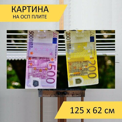 Картина на ОСП 125х62 см. "Деньги, казаться, банкноты евро" горизонтальная, для интерьера, с креплениями