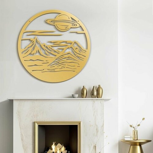 Декоративное панно деревянное, Сатурн над горами (матовое золото)
