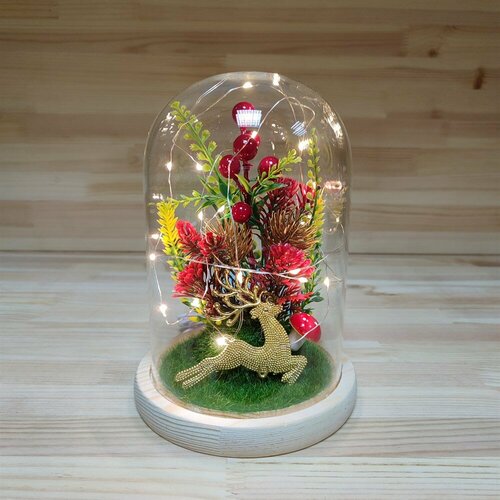Новогодняя лампа-светильник с искусственными цветами "Праздничный Олень", 26х20 см