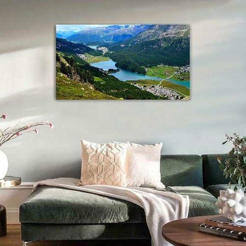 Картина на холсте 60x110 LinxOne "Небо озеро дома долина река" интерьерная для дома / на стену / на кухню / с подрамником