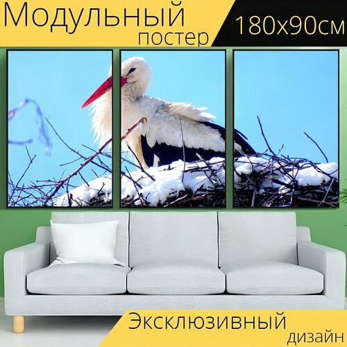 Модульный постер "Весна, снег, птицы" 180 x 90 см. для интерьера