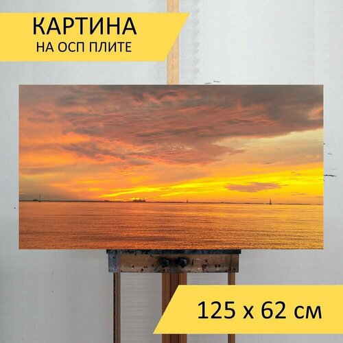 Картина на ОСП 125х62 см. "Океан, заход солнца, небо" горизонтальная, для интерьера, с креплениями