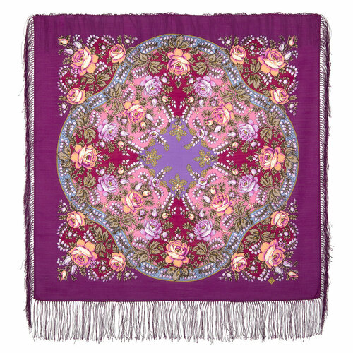 Платок Павловопосадская платочная мануфактура,89х89 см, коралловый, фиолетовый