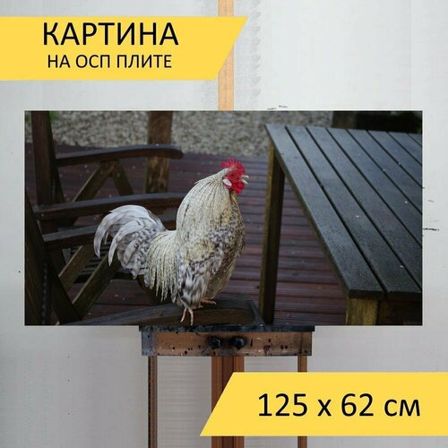 Картина на ОСП 125х62 см. "Петух, курица, домашняя птица" горизонтальная, для интерьера, с креплениями