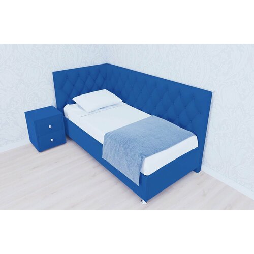 Односпальная кровать Версаль Угловая 120x200 основание металлическое с ламелями велюр синий ножки 13 см хром угол правый