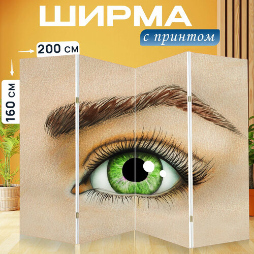 Ширма перегородка с принтом "Глаз, зеленые глаза, бровь" на холсте - 200x160 см. для зонирования, раскладная