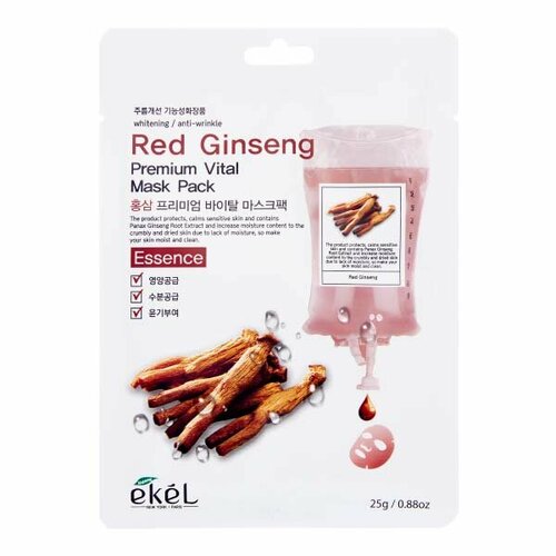 EKEL Red Ginseng Premium Vital Mask Pack Антивозрастная тканевая маска для лица с экстрактом женьшеня 25мл