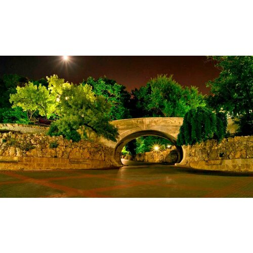 Картина на холсте 60x110 LinxOne "Ночь, парк, мост, деревья" интерьерная для дома / на стену / на кухню / с подрамником