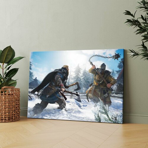 Картина на холсте (Двое мужчин дерутся в снегу) 20x30 см. Интерьерная, на стену.
