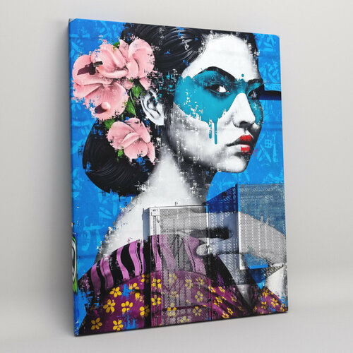 Картина на холсте (интерьерный постер) "Девушка Гейша - граффити" стрит арт, с деревянным подрамником, размер 45x60 см