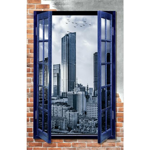 Наклейка интерьерная "Окно на небоскребы" с сильным клеевым слоем